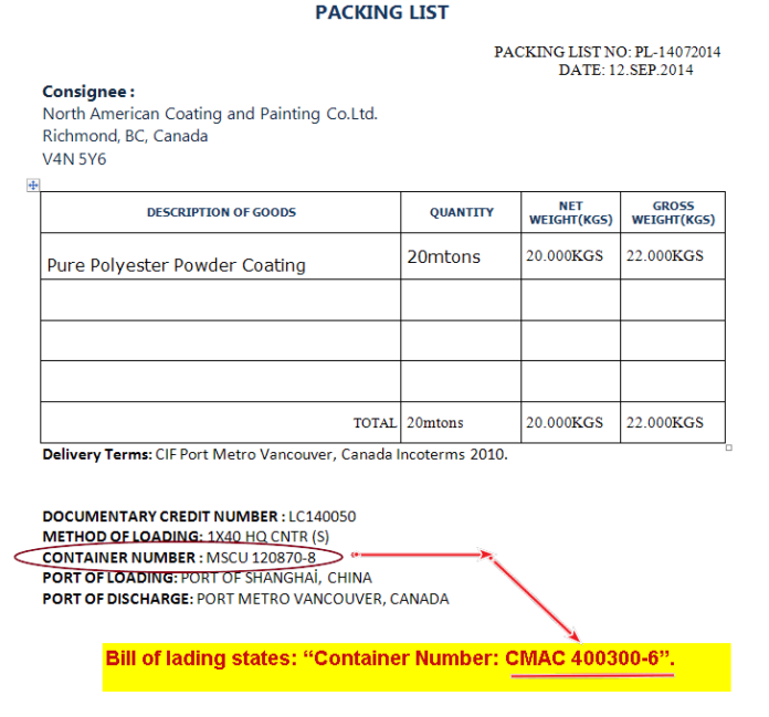 Container Number not in Accordance with the Bill of Lading Discrepancy ...