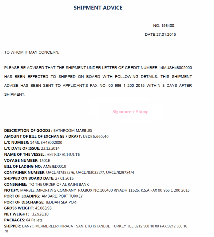 Shipment Advice – Letter of Credit Consultancy Services