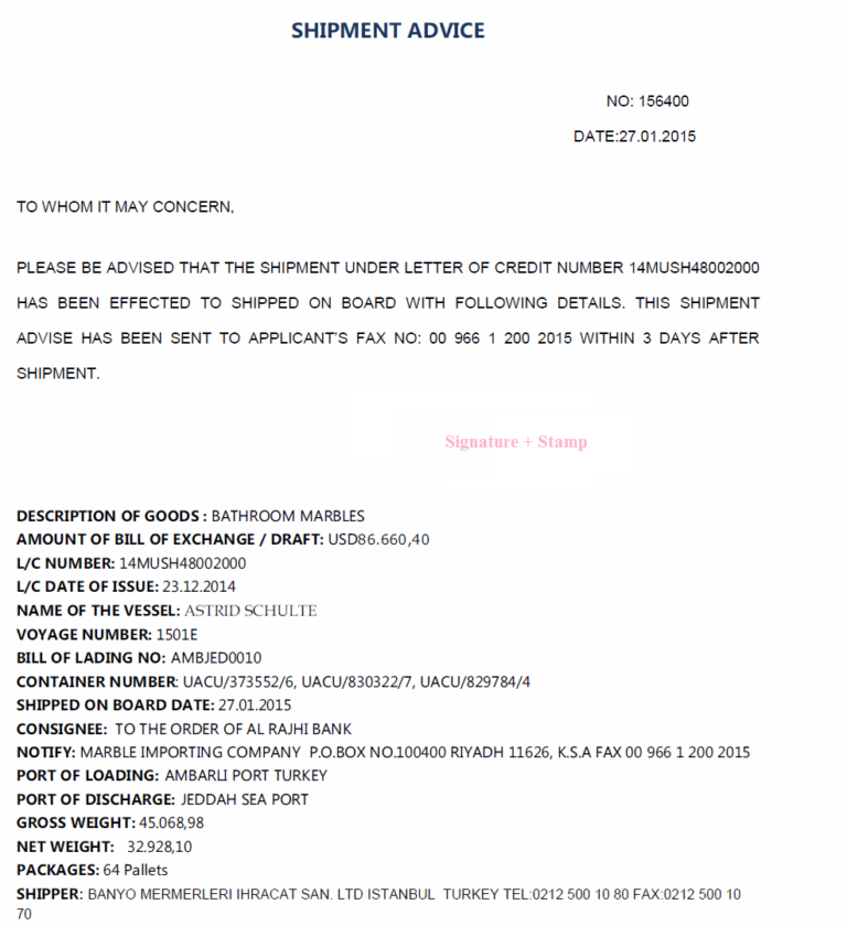 Shipment Advice – Letter of Credit Consultancy Services